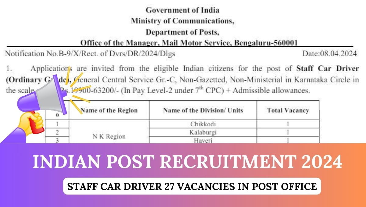 📢 Indian Post Recruitment 2024 For Staff Car Driver 27 Vacancies In ...